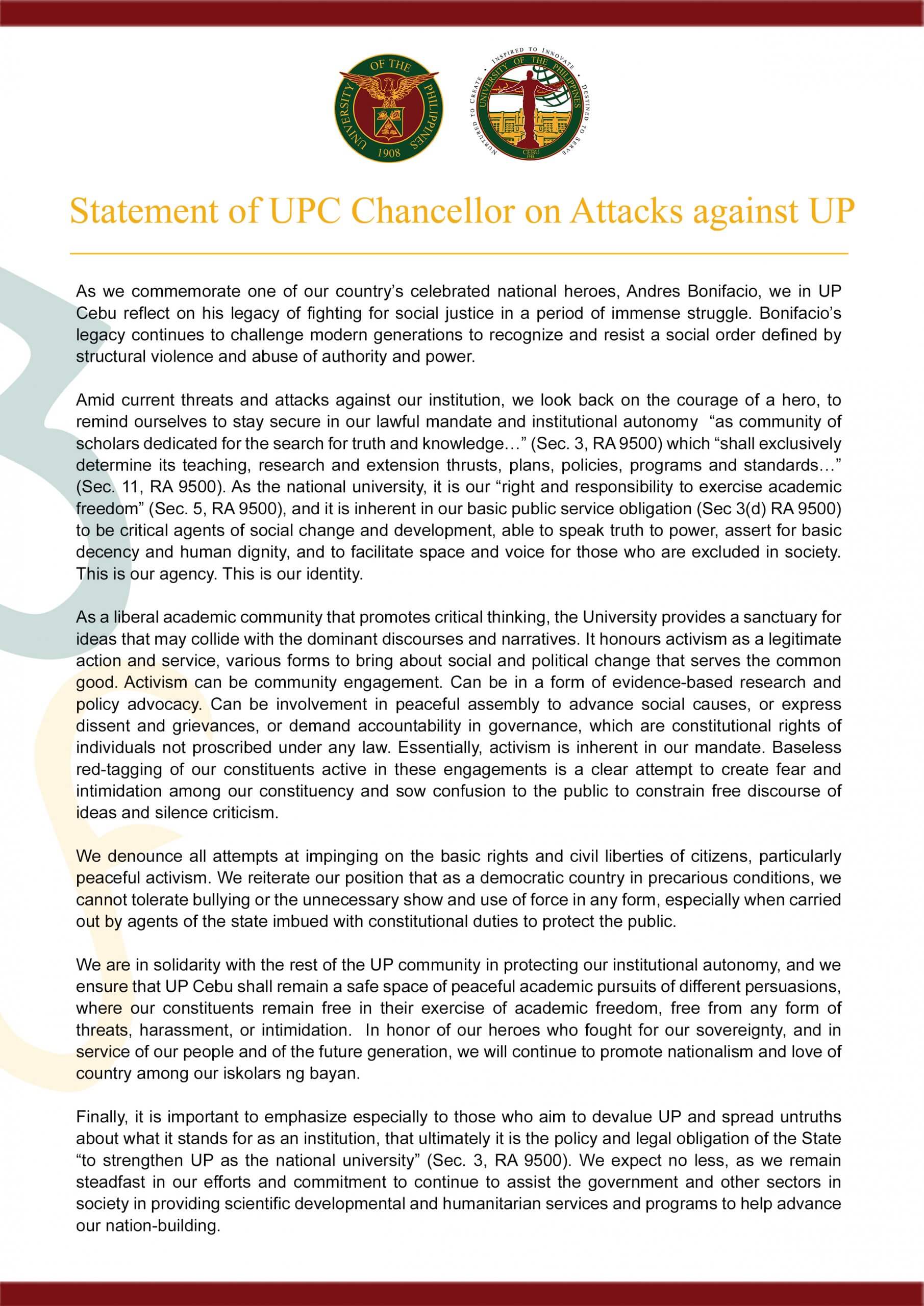 Statement of UP Cebu Chancellor on attacks against UP - UP Cebu